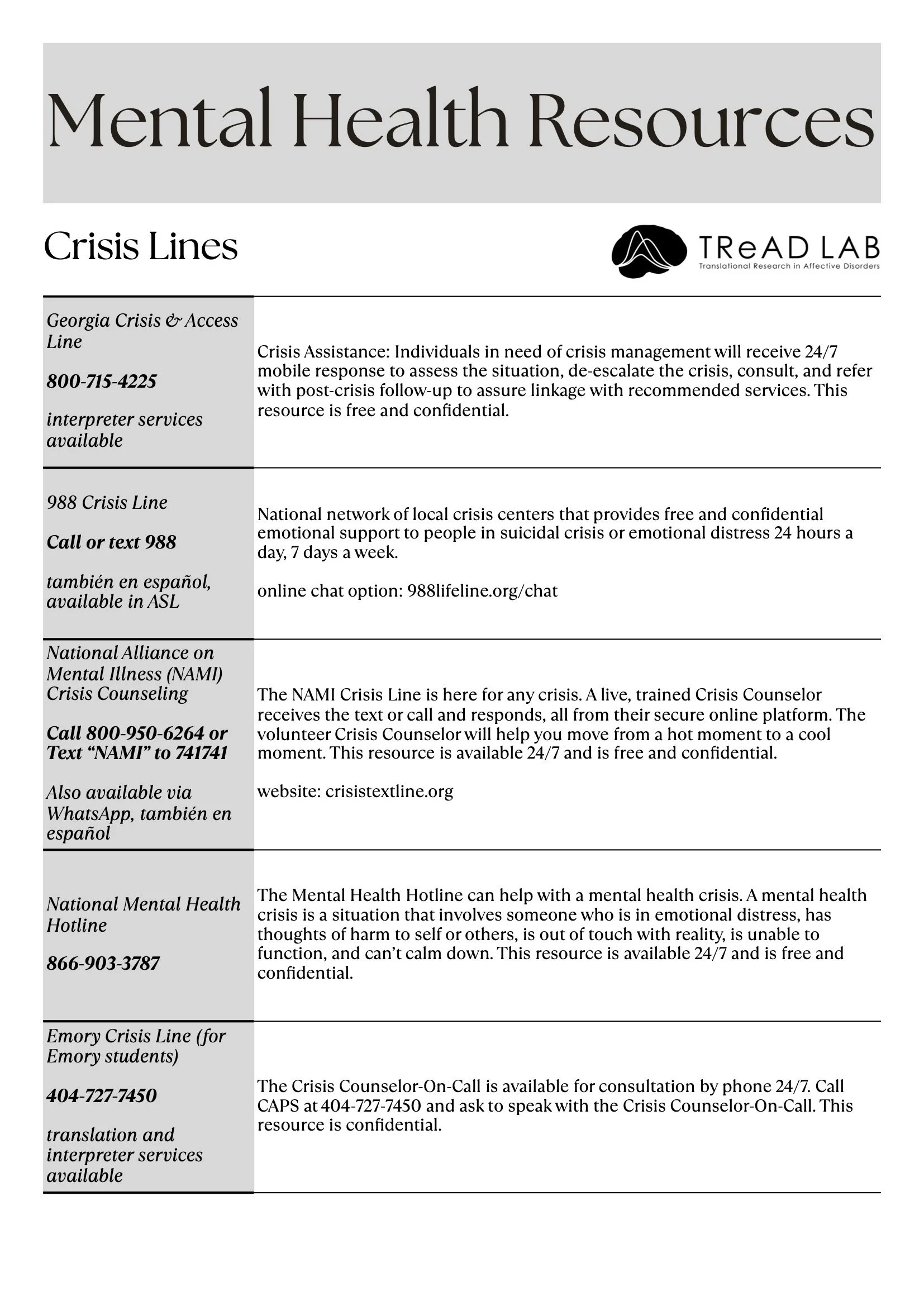 Mental Health Resources — TReAD Lab