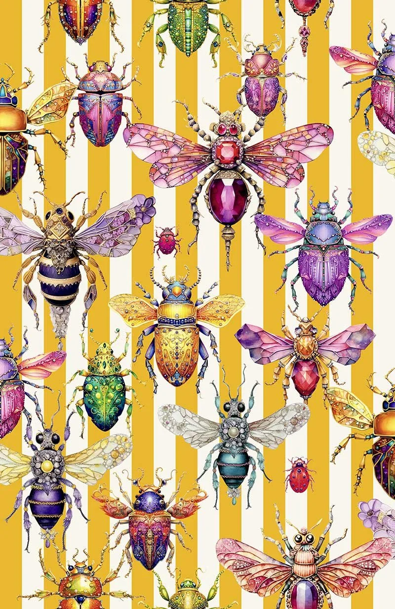 This maximalist wallpaper showcases a stripe design adorned with stunning bejeweled bugs ...