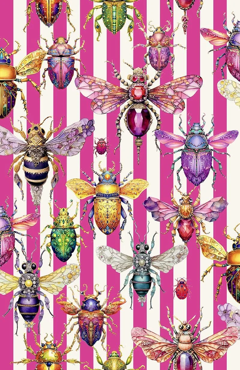 This maximalist wallpaper showcases a stripe design adorned with stunning bejeweled bugs ...