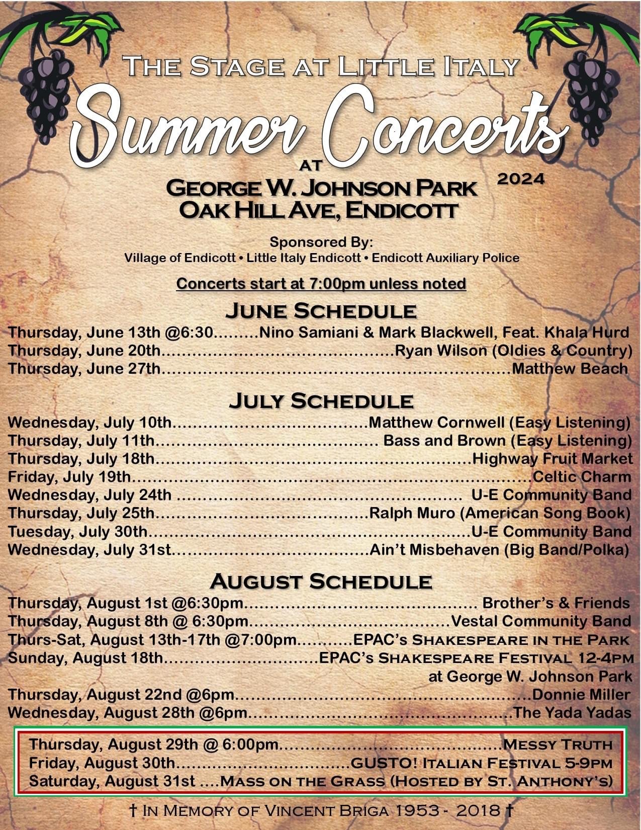 Summer Concert Series Schedule Announced — The Village of Endicott