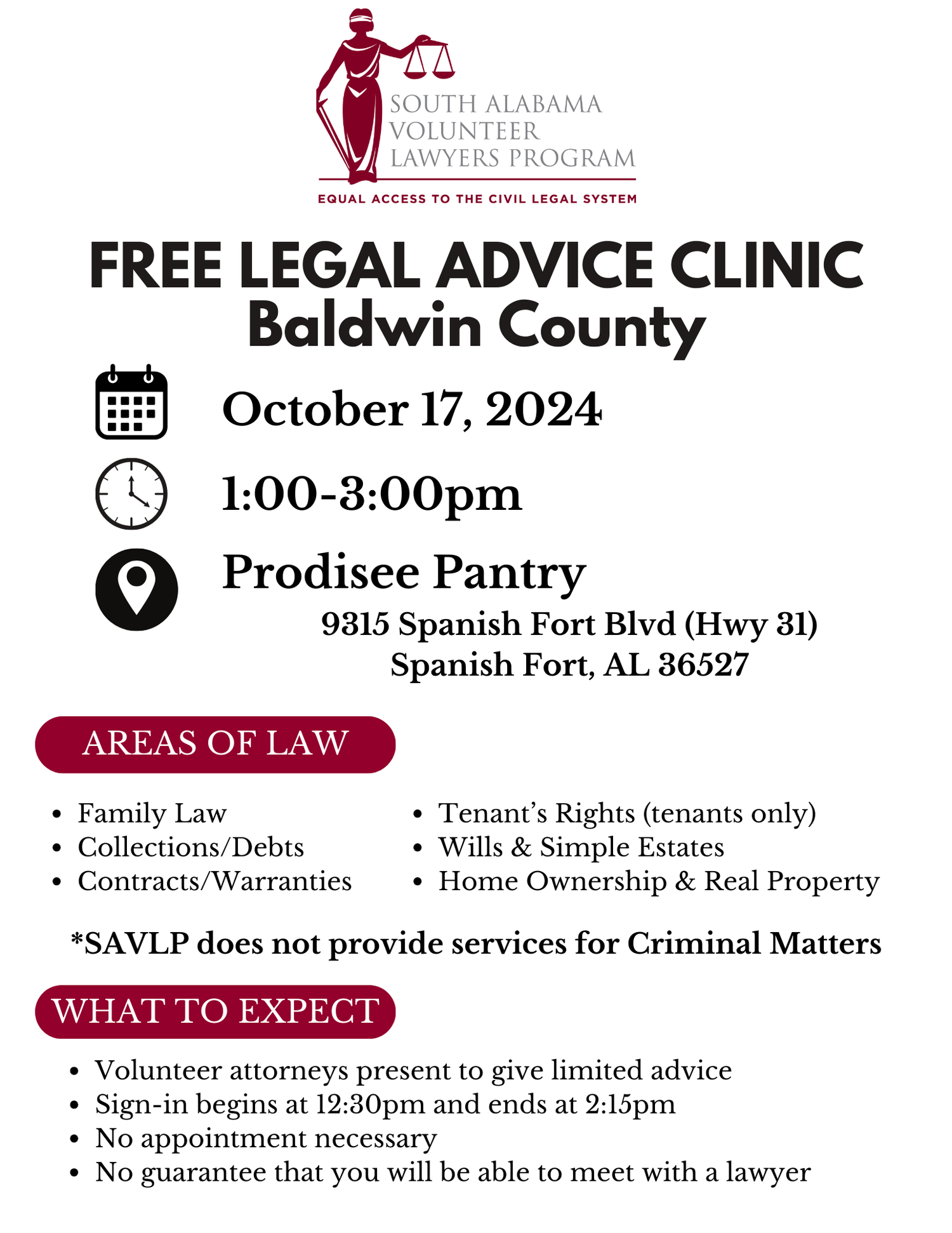 Free Legal Advice Clinic Baldwin — South Alabama Volunteer Lawyers Program