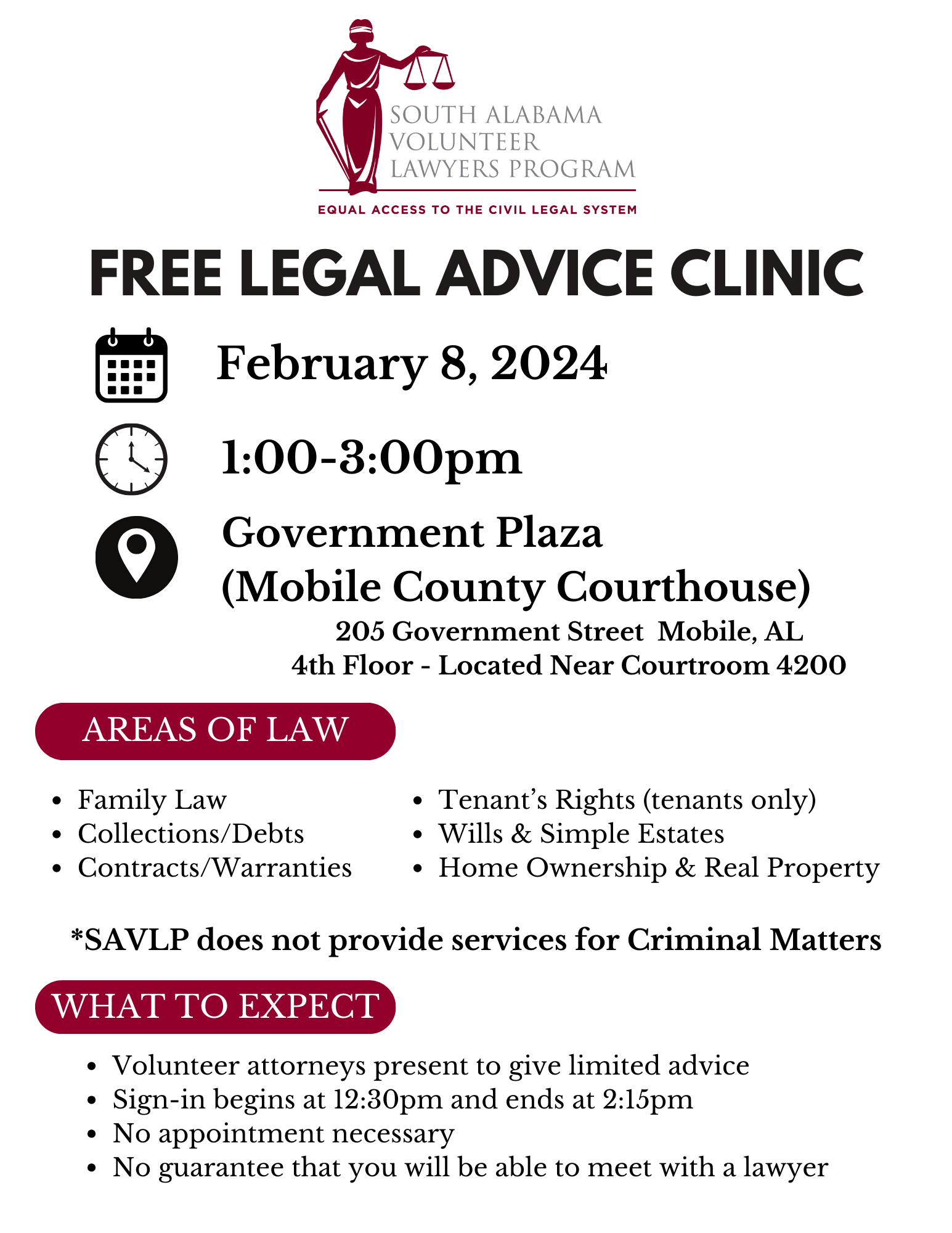 Free Legal Advice Clinic Mobile — South Alabama Volunteer Lawyers Program