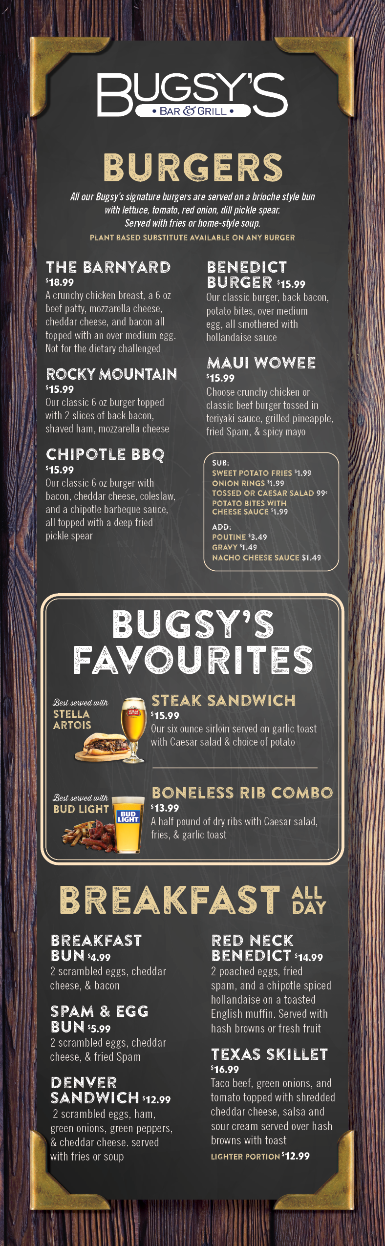Bugsy's Menu | Bugsy's Bar & Grill | Saskatoon — Smitty's Family Restaurants | Bugsy's Bar & Grill
