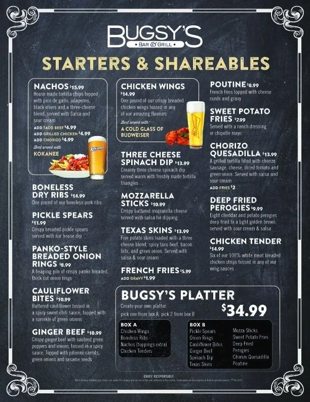 Bugsy's Menu | Bugsy's Bar & Grill | Saskatoon — Smitty's Family Restaurants | Bugsy's Bar & Grill