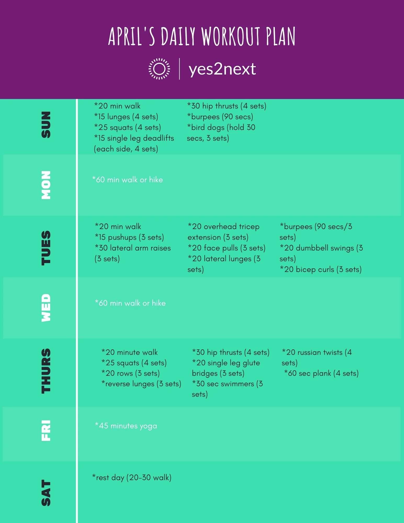 April's Weekly Workout Chart — yes2next