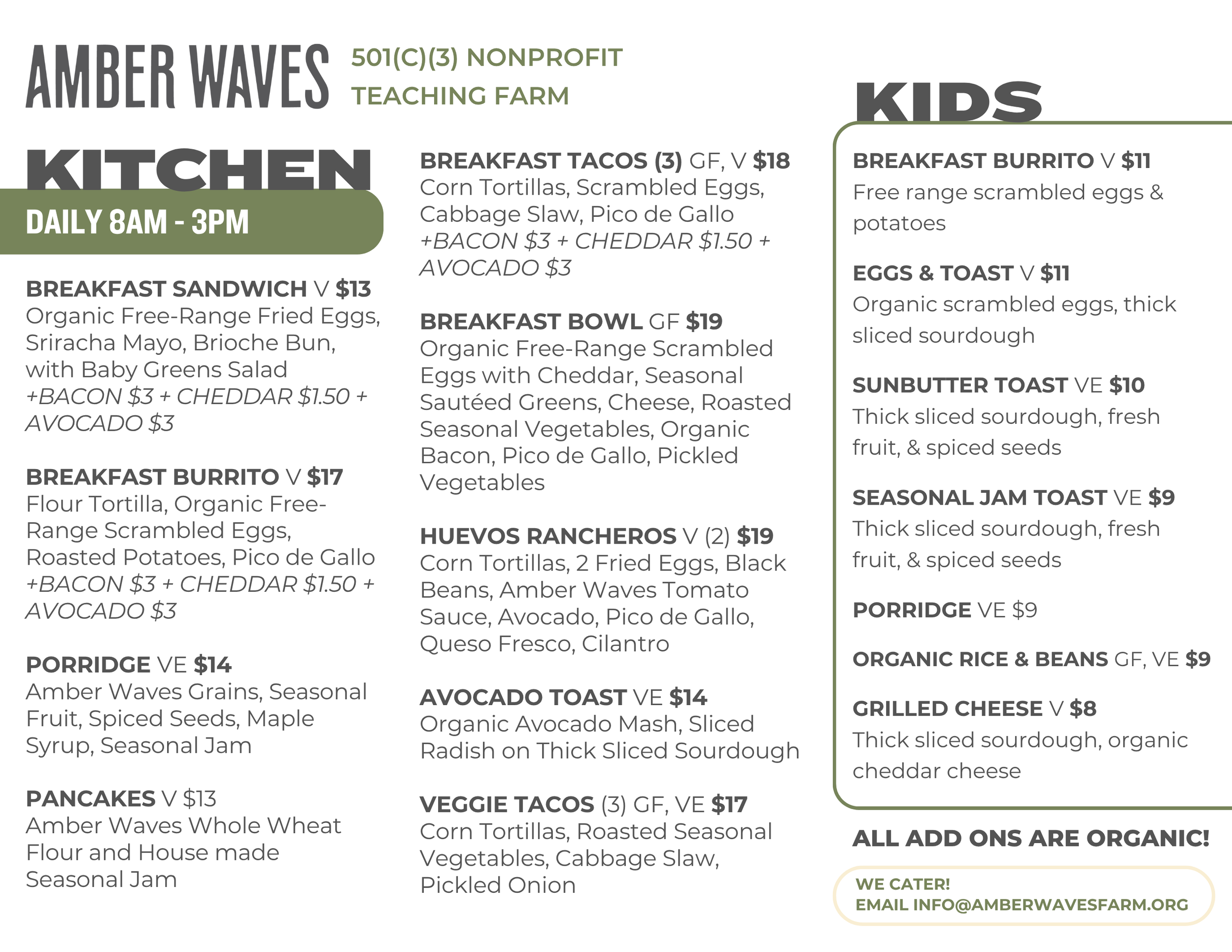 Menu — Amber Waves