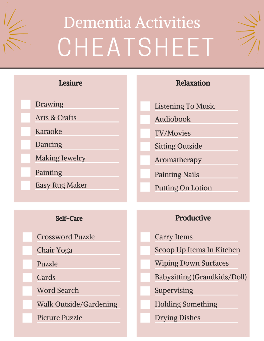 Dementia Activities Cheatsheet And Free Bundle — Dementia Success Path