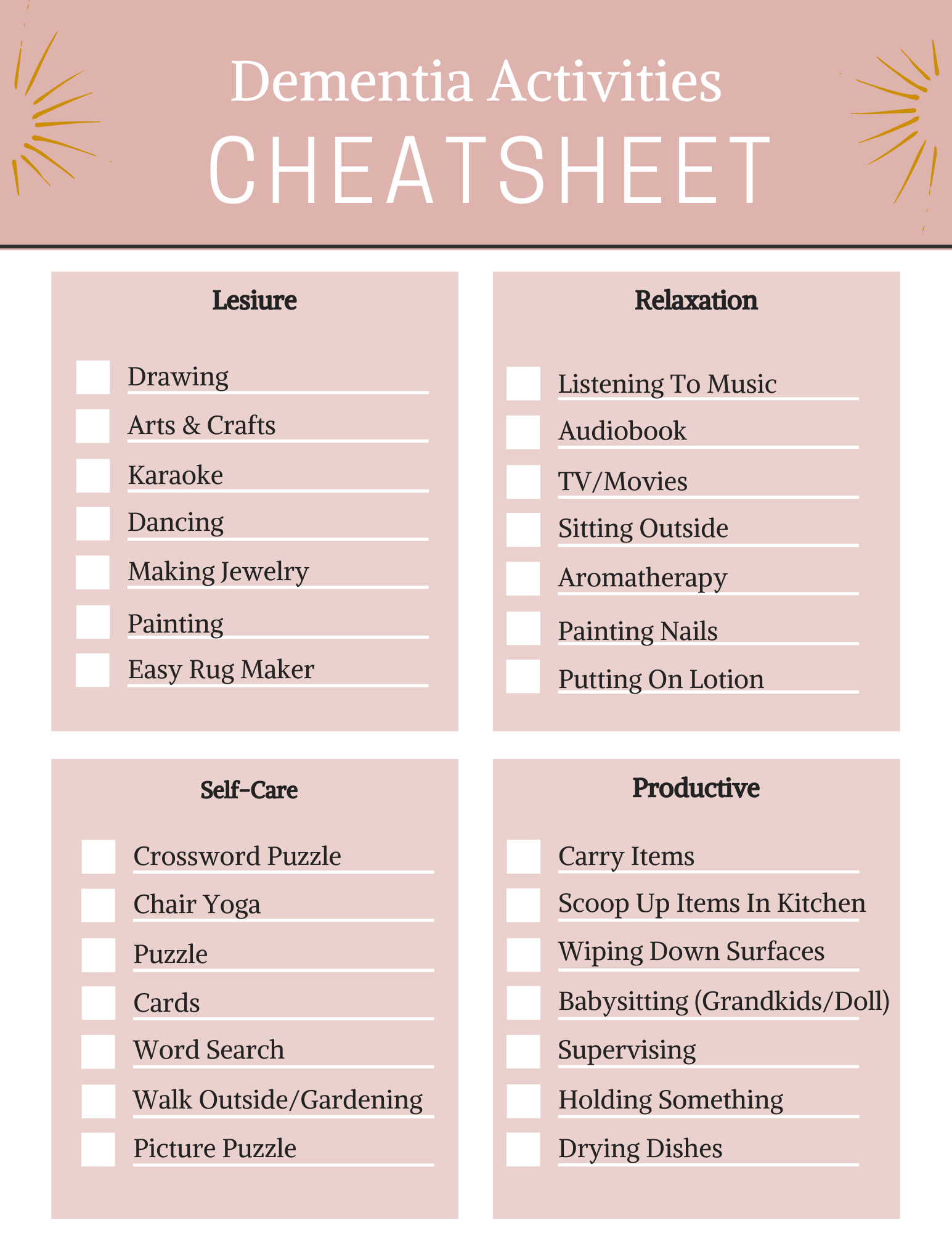 Dementia Activities Cheatsheet And Free Bundle — Dementia Success Path