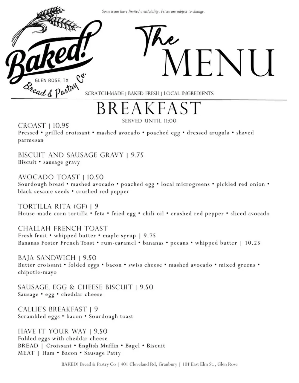 Menu — Baked Bread & Pastry Co. | Granbury, TX