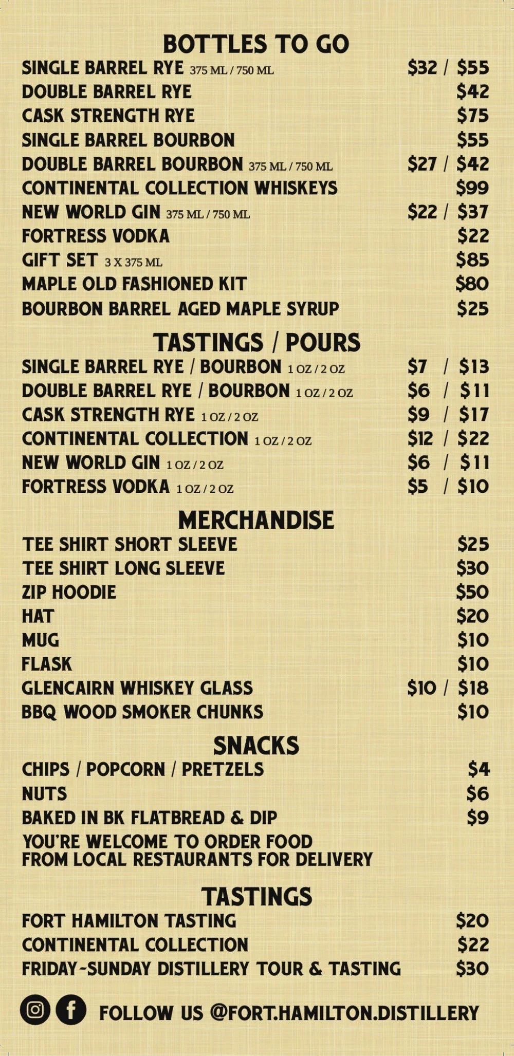 Menu — Fort Hamilton Distillery