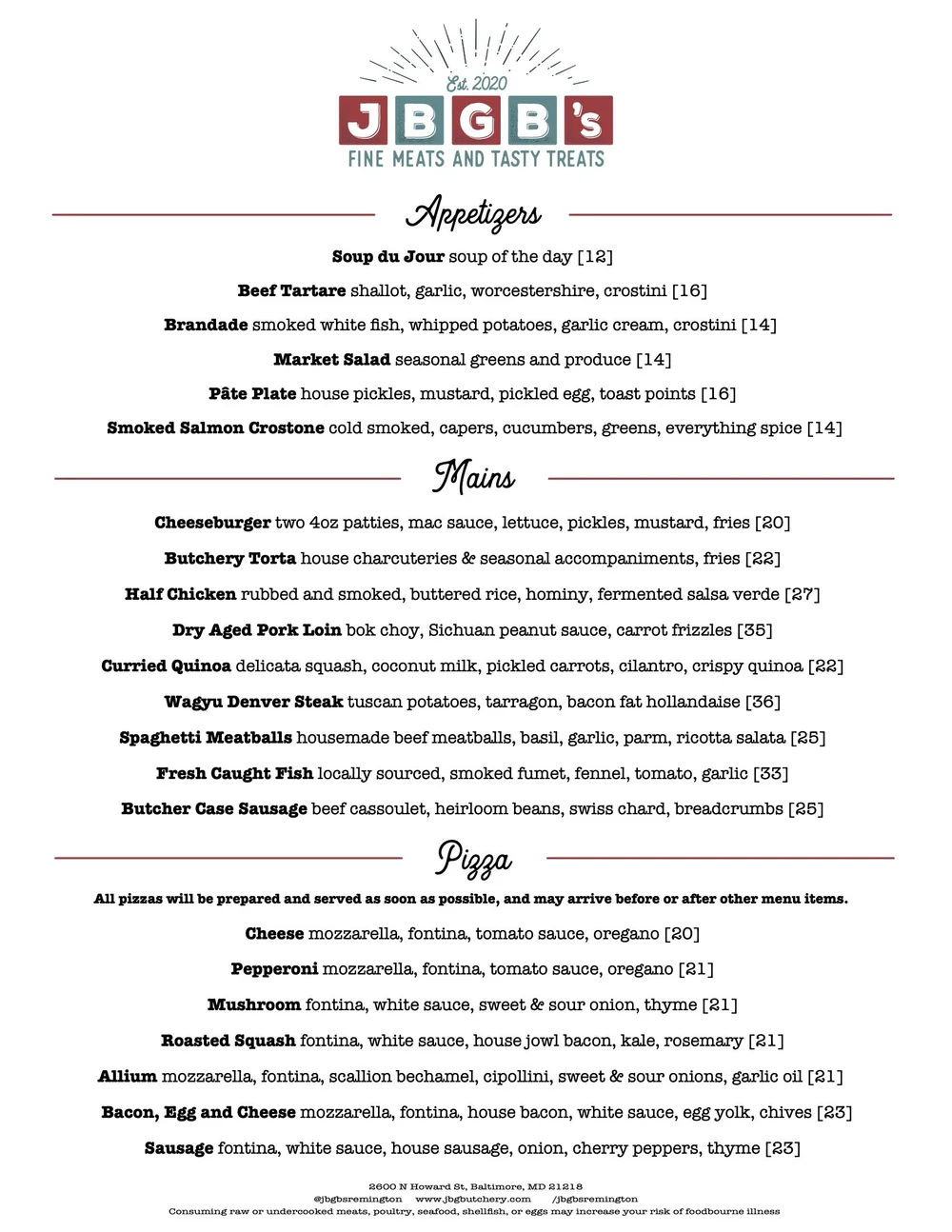 Menu 1 — John Brown General & Butchery