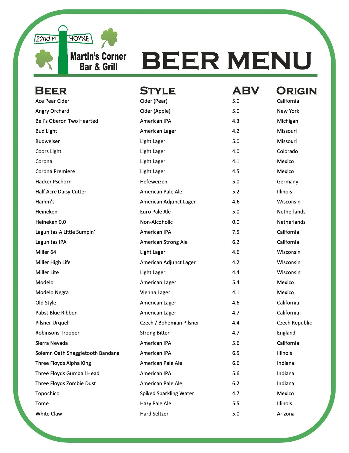 Drinks Menu — Martin's Corner Bar & Grill