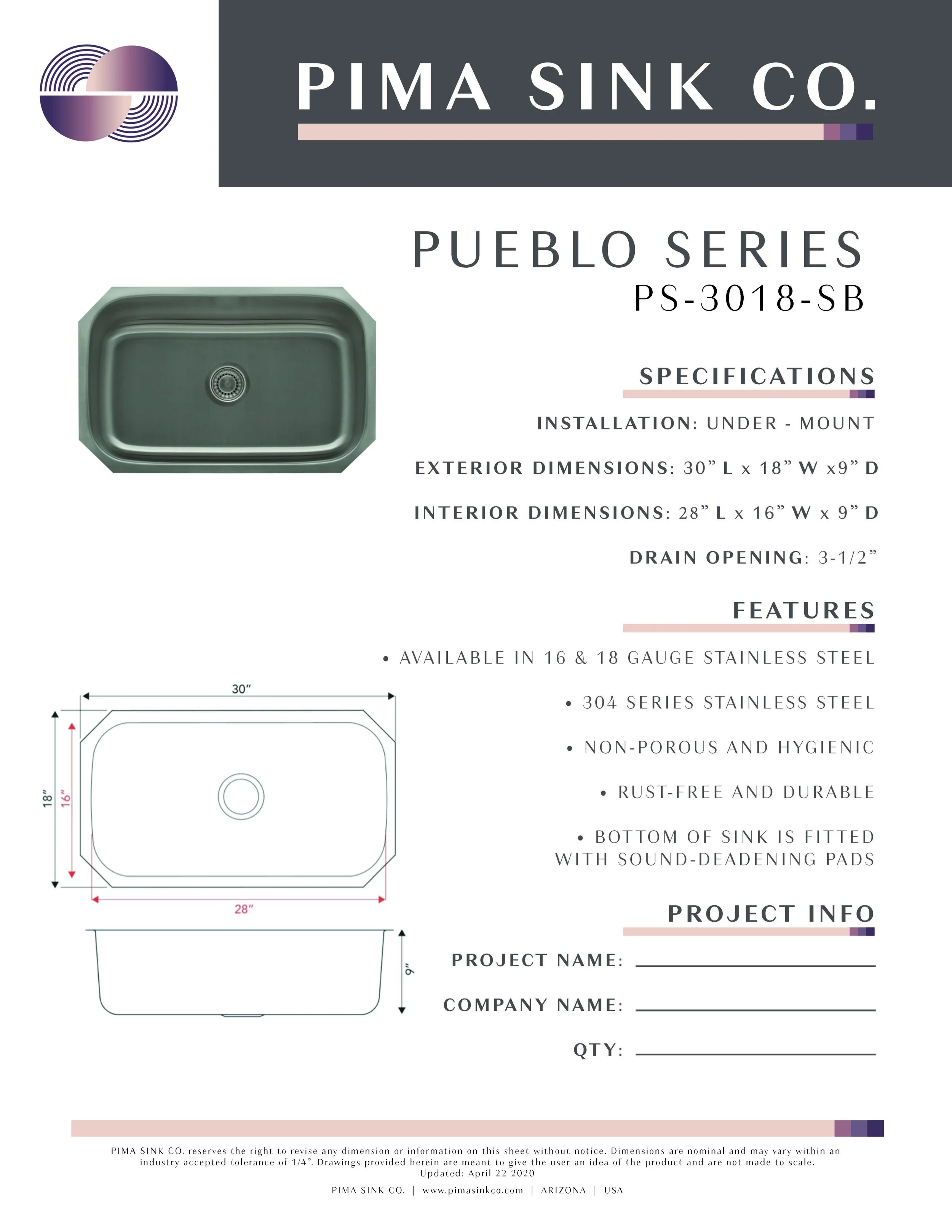 PS-3018-SB SPEC SHEET — PIMA SINK CO.