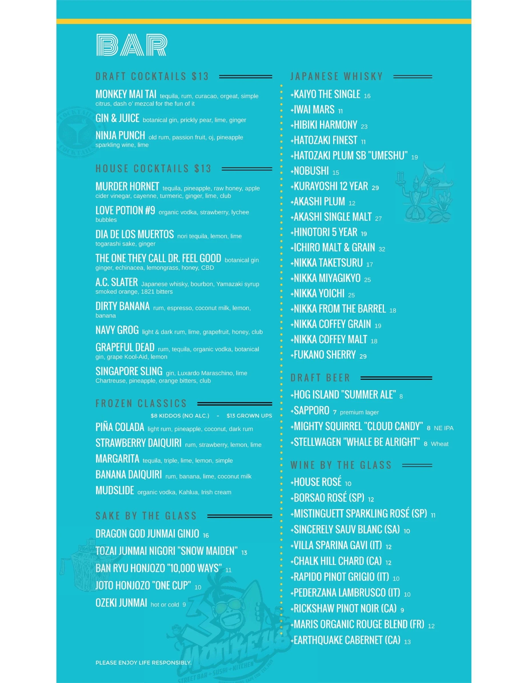 Menu — 3 Monkeys Street Bar + Kitchen + Sushi