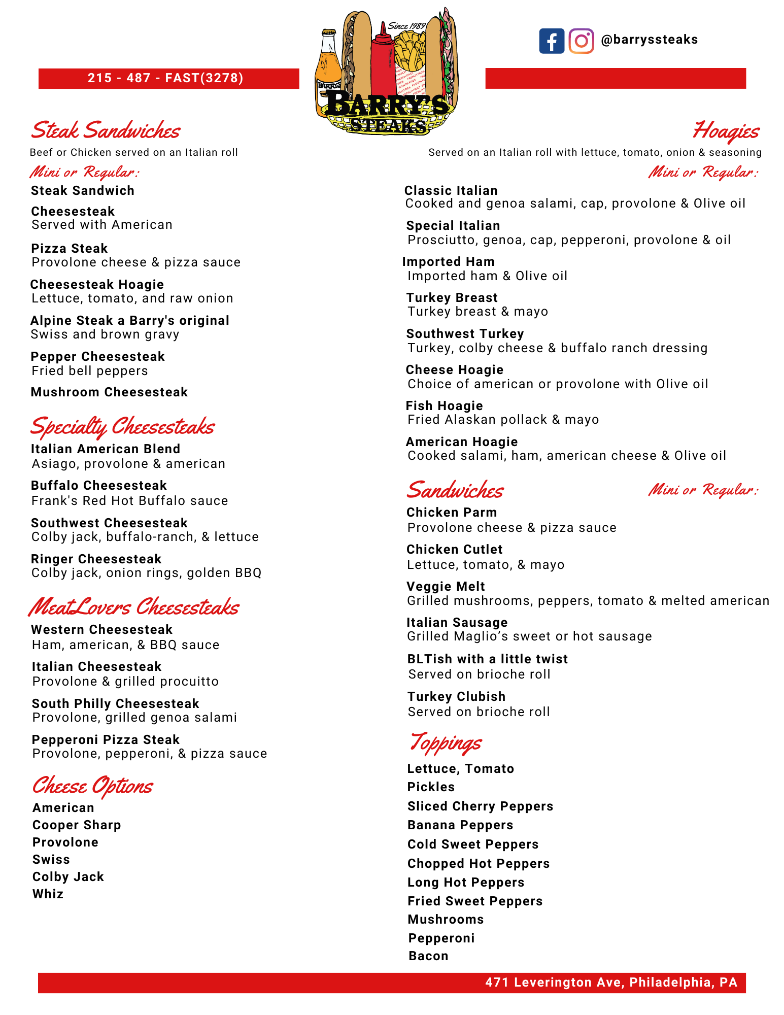 Menu — Barry's Steaks & Hoagies