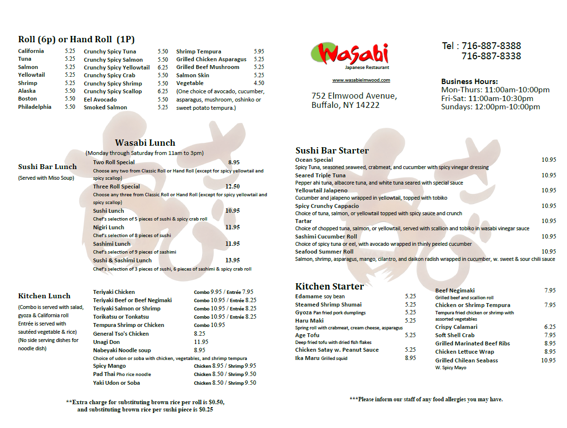 Menu Wasabi Japanese Restaurant Menu Wasabi Japanese Restaurant