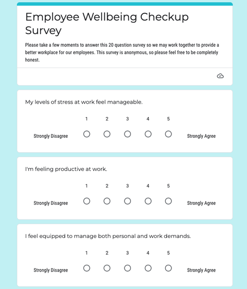 Employee Wellbeing Checkup Survey 20 Question Pulse Survey in Google ...