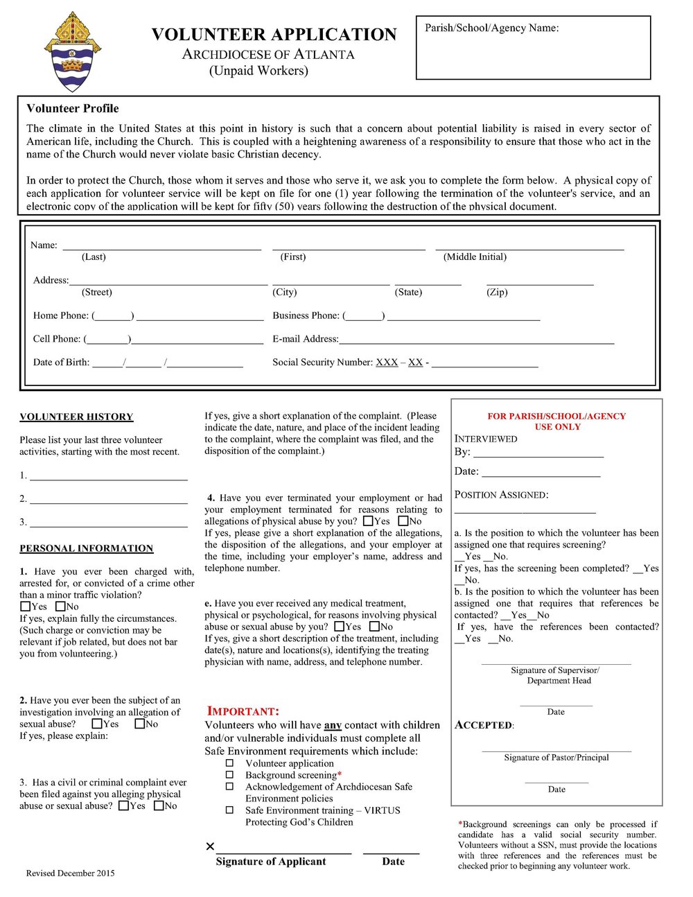 Volunteer Forms & VIRTUS Sessions — Holy Trinity Catholic Church