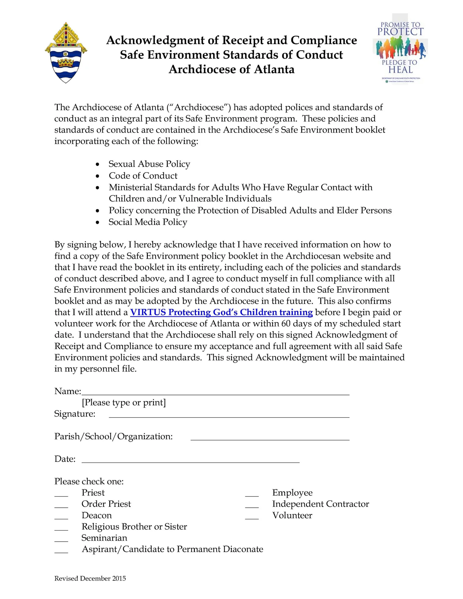 Volunteer Forms & VIRTUS Sessions — Holy Trinity Catholic Church