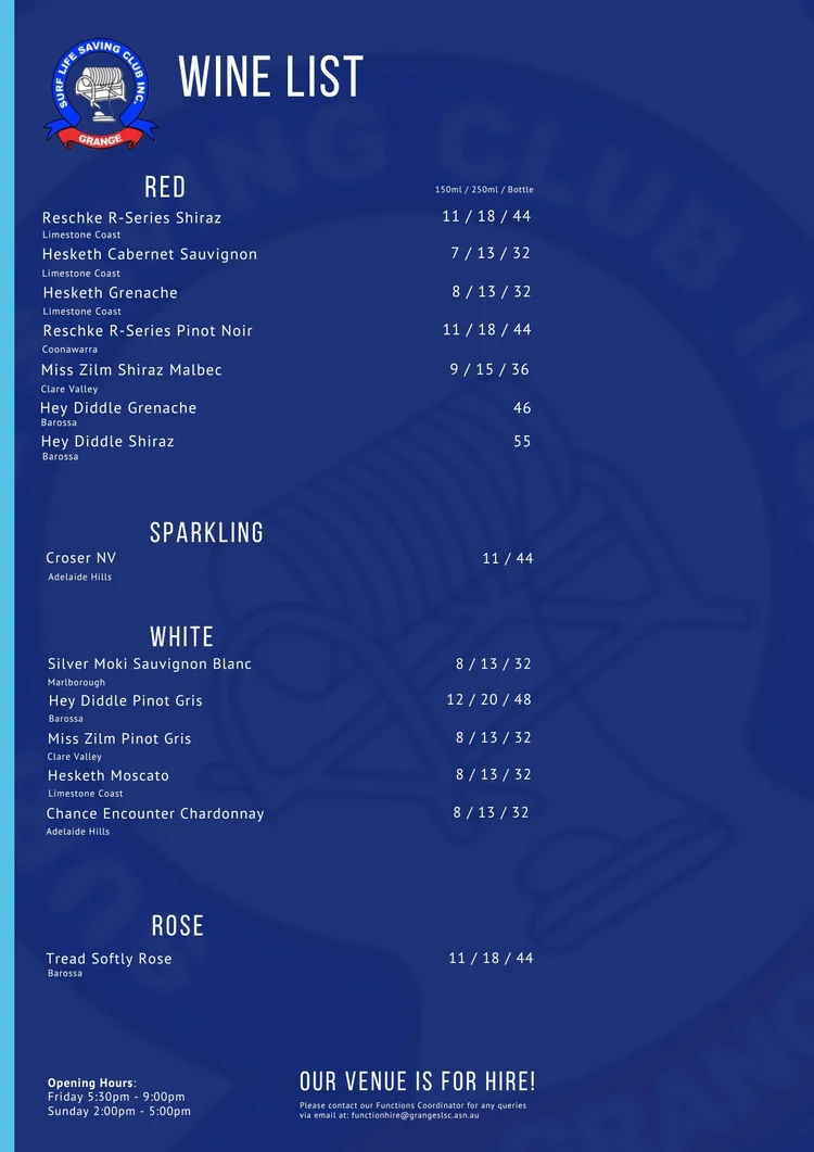 Menu - Drinks — Grange SLSC