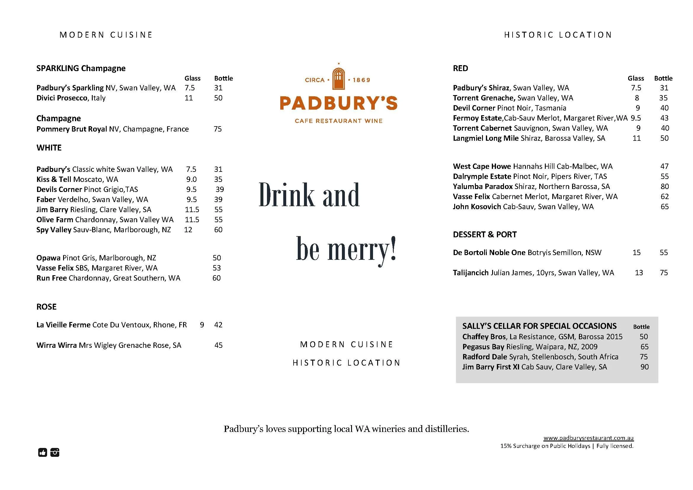 Menus — Padbury's Cafe Restaurant - Guildford, Perth Western Australia