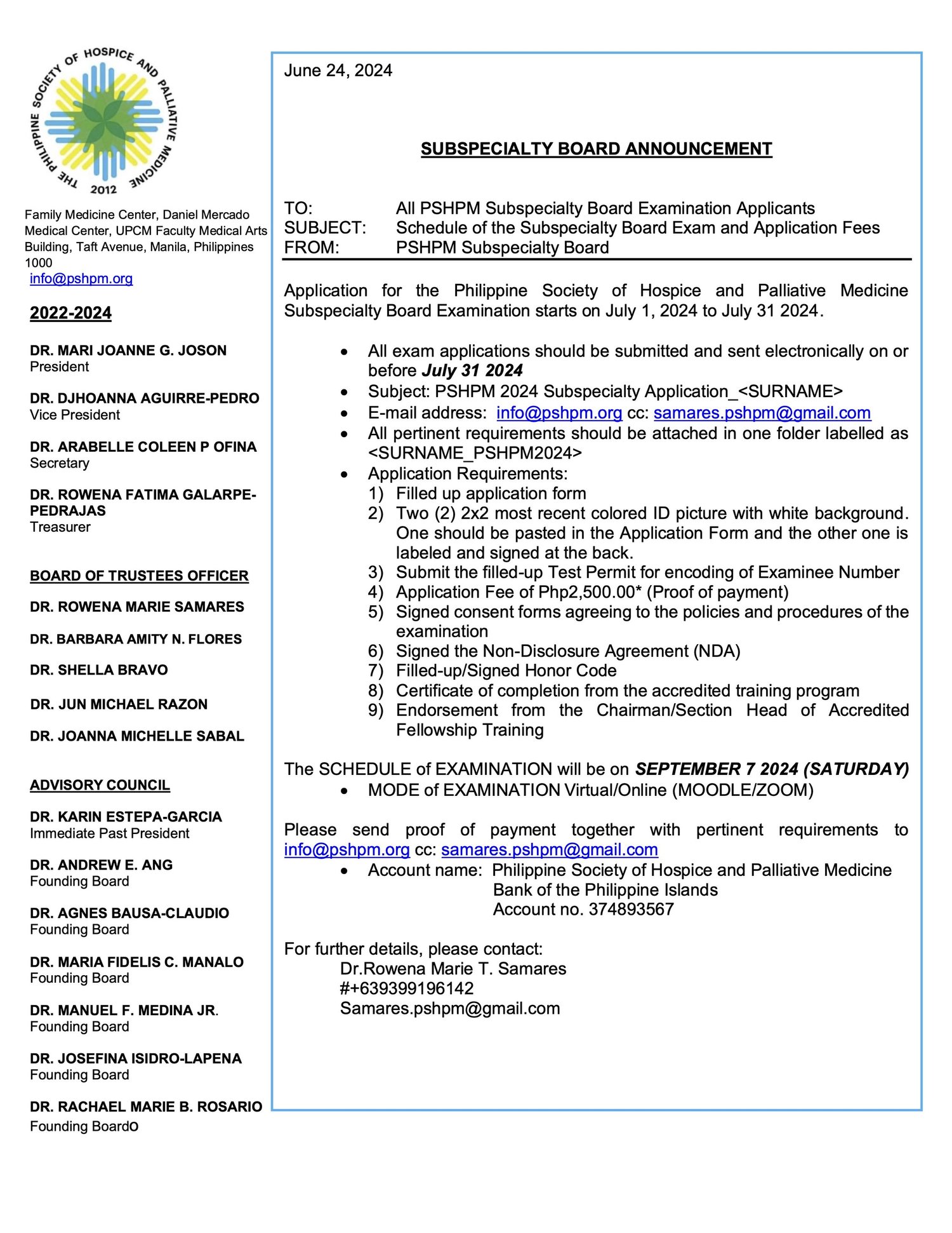 Announcement for PSHPM Subspecialty Board Exam 2024 — Philippine ...