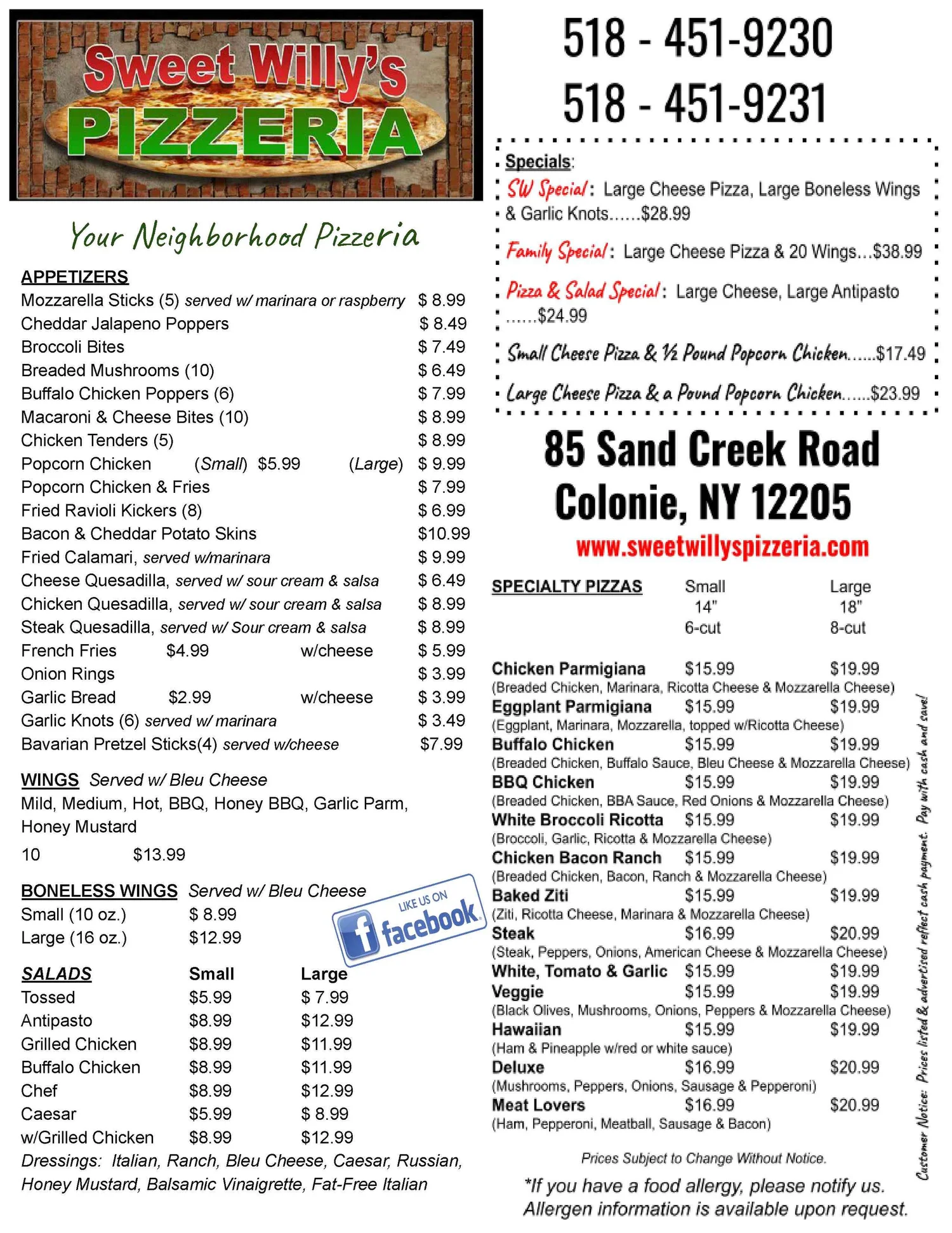 Menu — Sweet Willy's Pizzeria