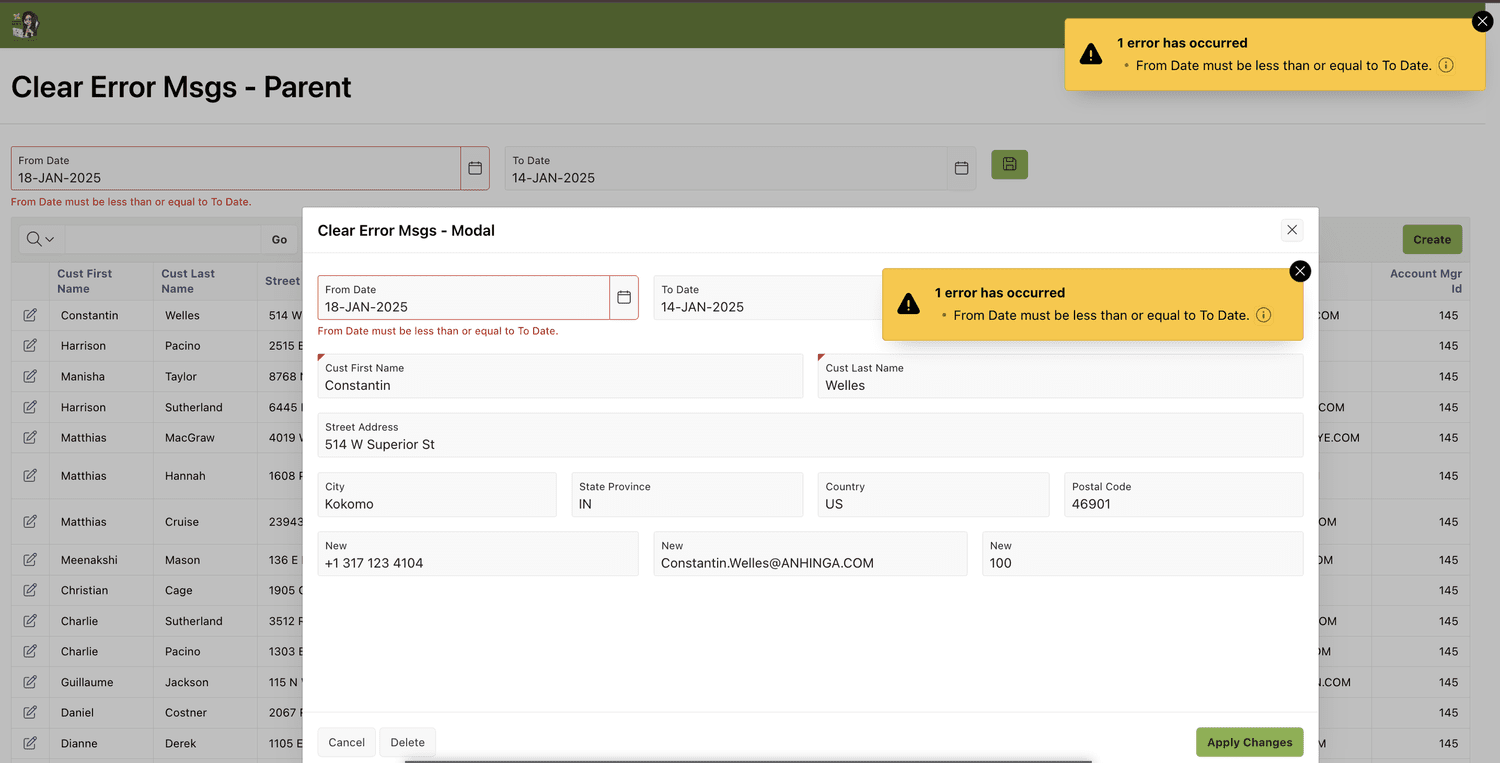 How to Clear Error Messages from Parent Pages in Oracle APEX Modals