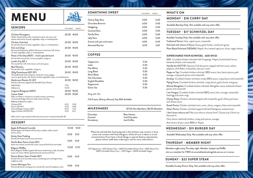 Flying Horse Menu — Ballarat & District Trotting Club Inc.