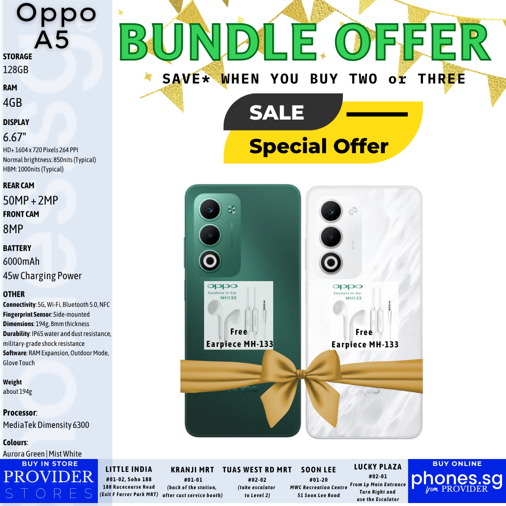 Bundle Offer: Oppo A5 5G- 4GB/128GB Smartphones w/Free* MH-133 Earpiece ...