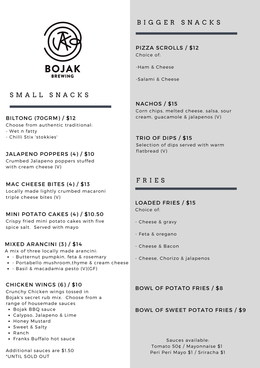 Food Menu — Bojak Brewing