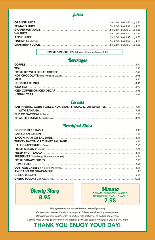 Breakfast Menu — Bridgeview Diner
