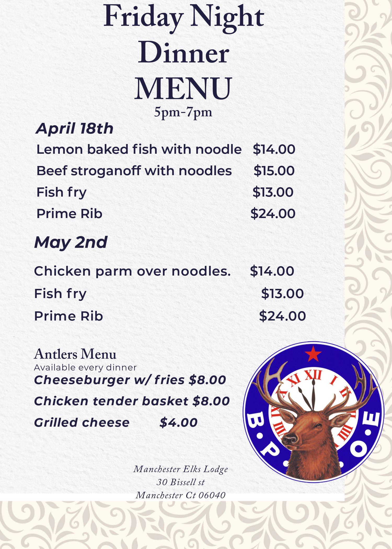 Menu — Manchester Elks Lodge #1893