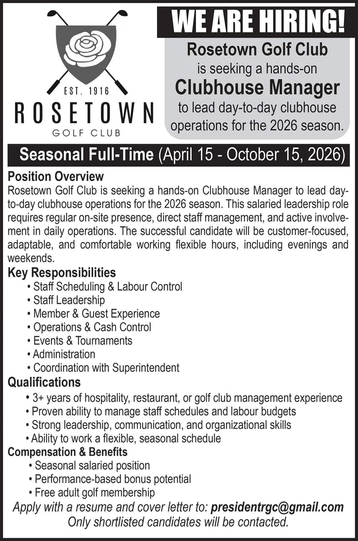 WE ARE HIRING! Rosetown Golf Club Clubhouse Manager — Your West Central ...