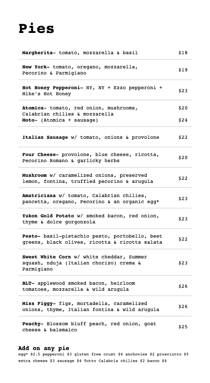 Menu — Gialina Pizzeria