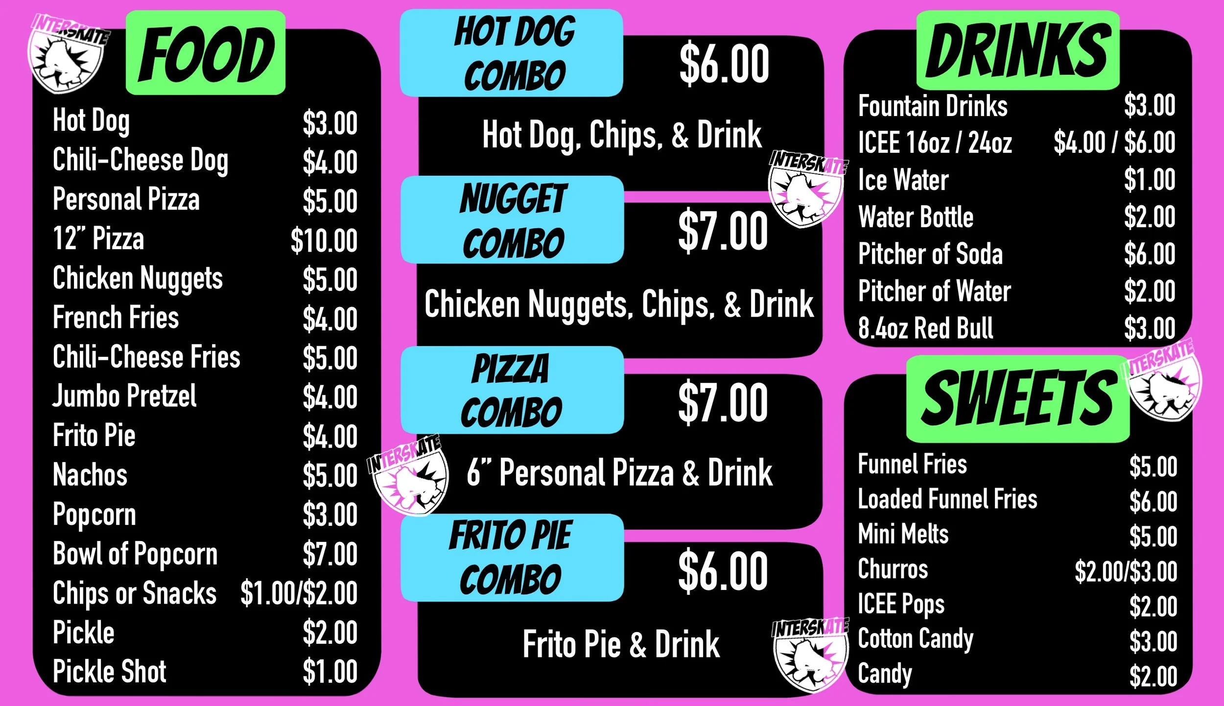 Snack Bar Menu — Interskate Roller Rink