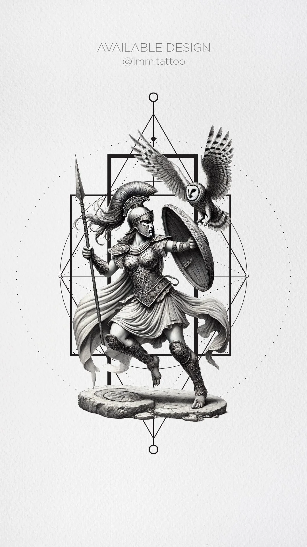 Athena’s Valor Tattoo - Fine Line Design with Athena and Owl in Battle ...