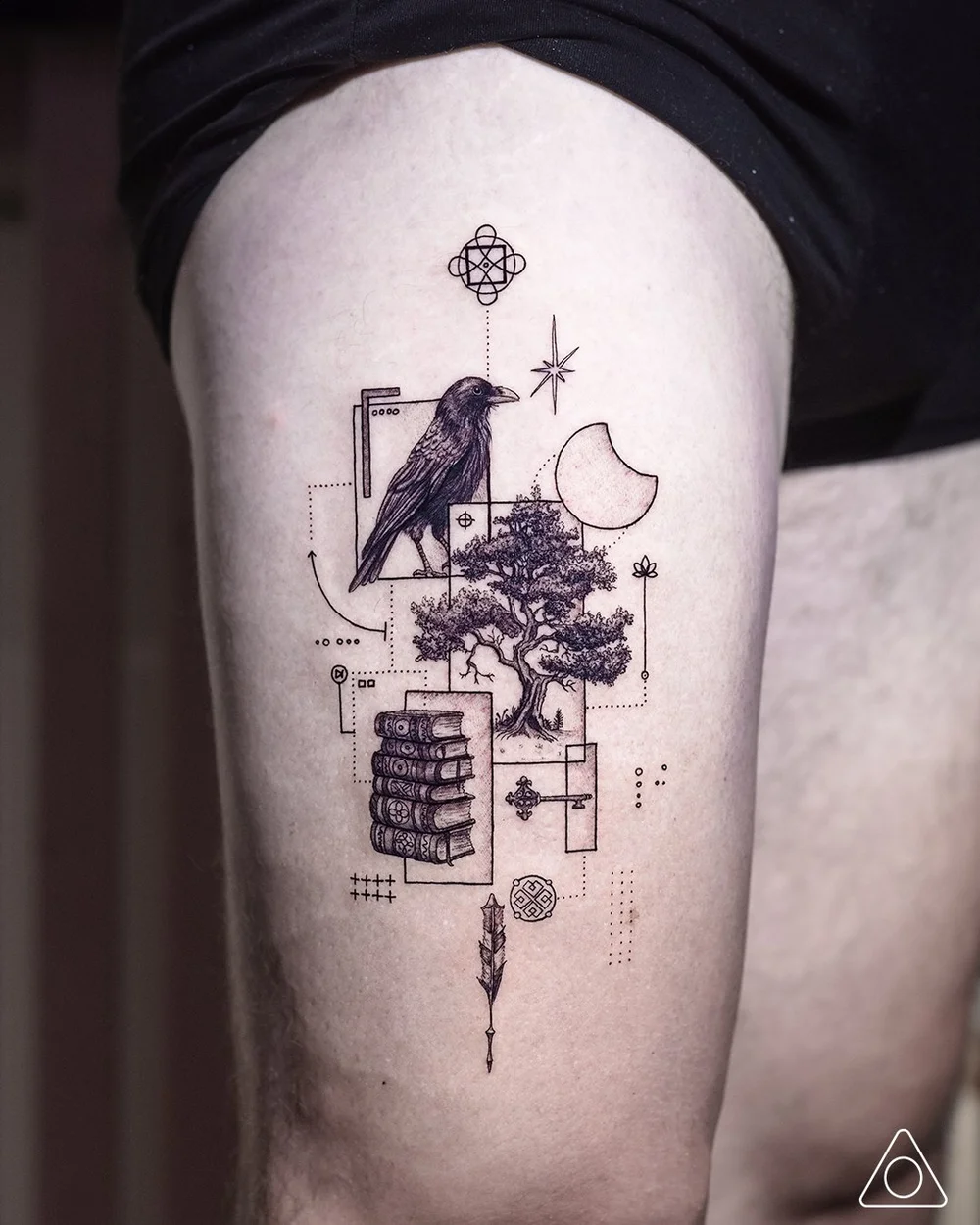 Raven Circuit: Fine Line Geometric Tattoo Merging Wisdom, Growth, and ...