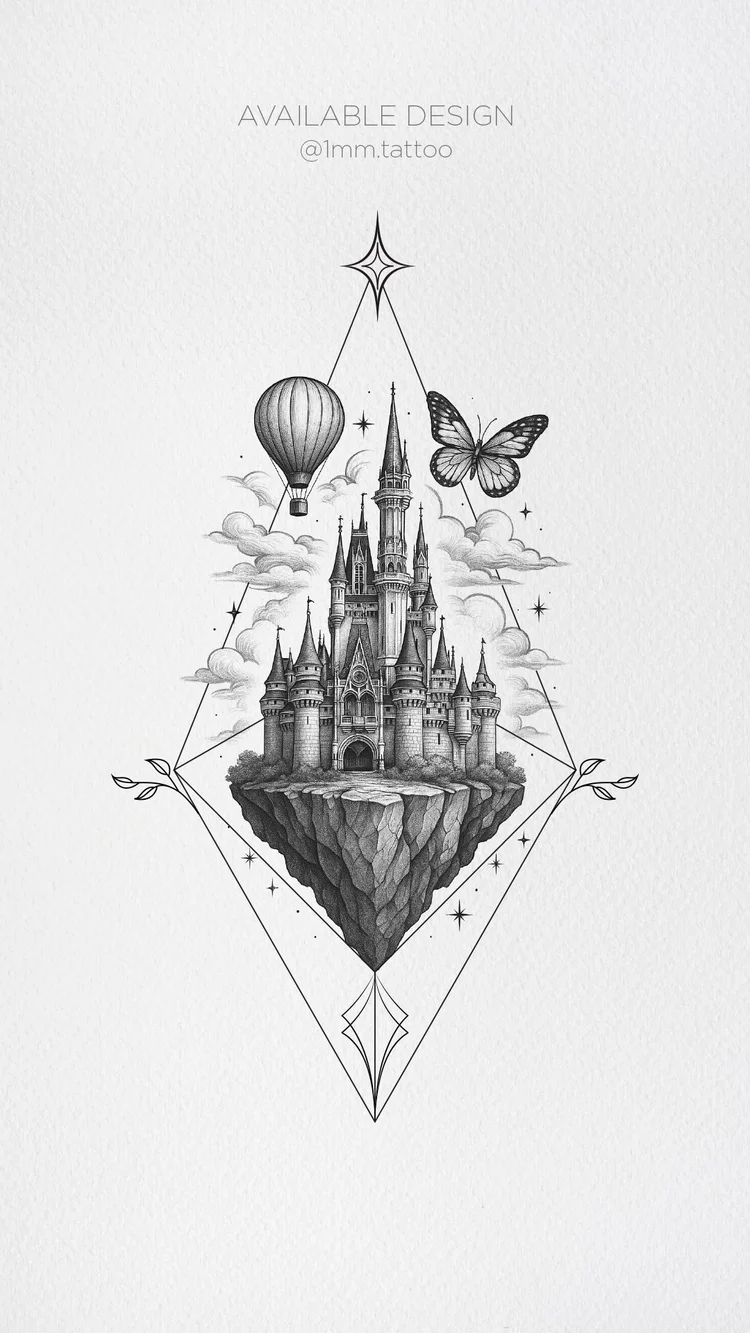 Dream Citadel – Fine Line Fantasy Tattoo Art by 1MM Tattoo Artist in ...