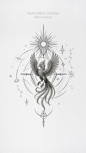 A cosmic phoenix design rising through constellations and geometry ...