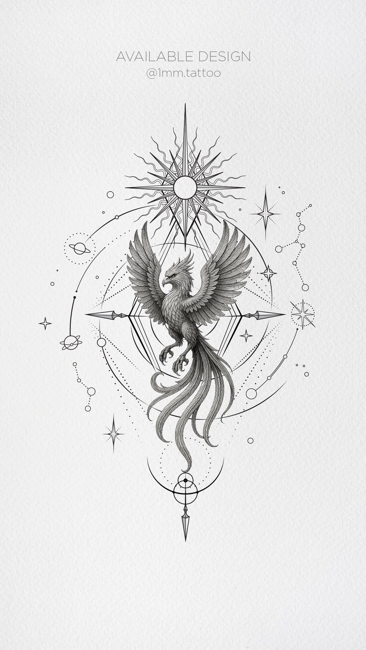 A cosmic phoenix design rising through constellations and geometry ...