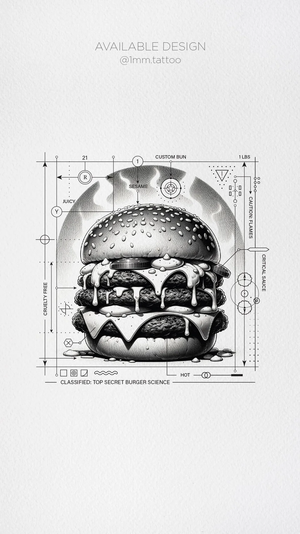 Burger Science Tattoo - Fine Line Micro-Realism with Blueprint Elements ...