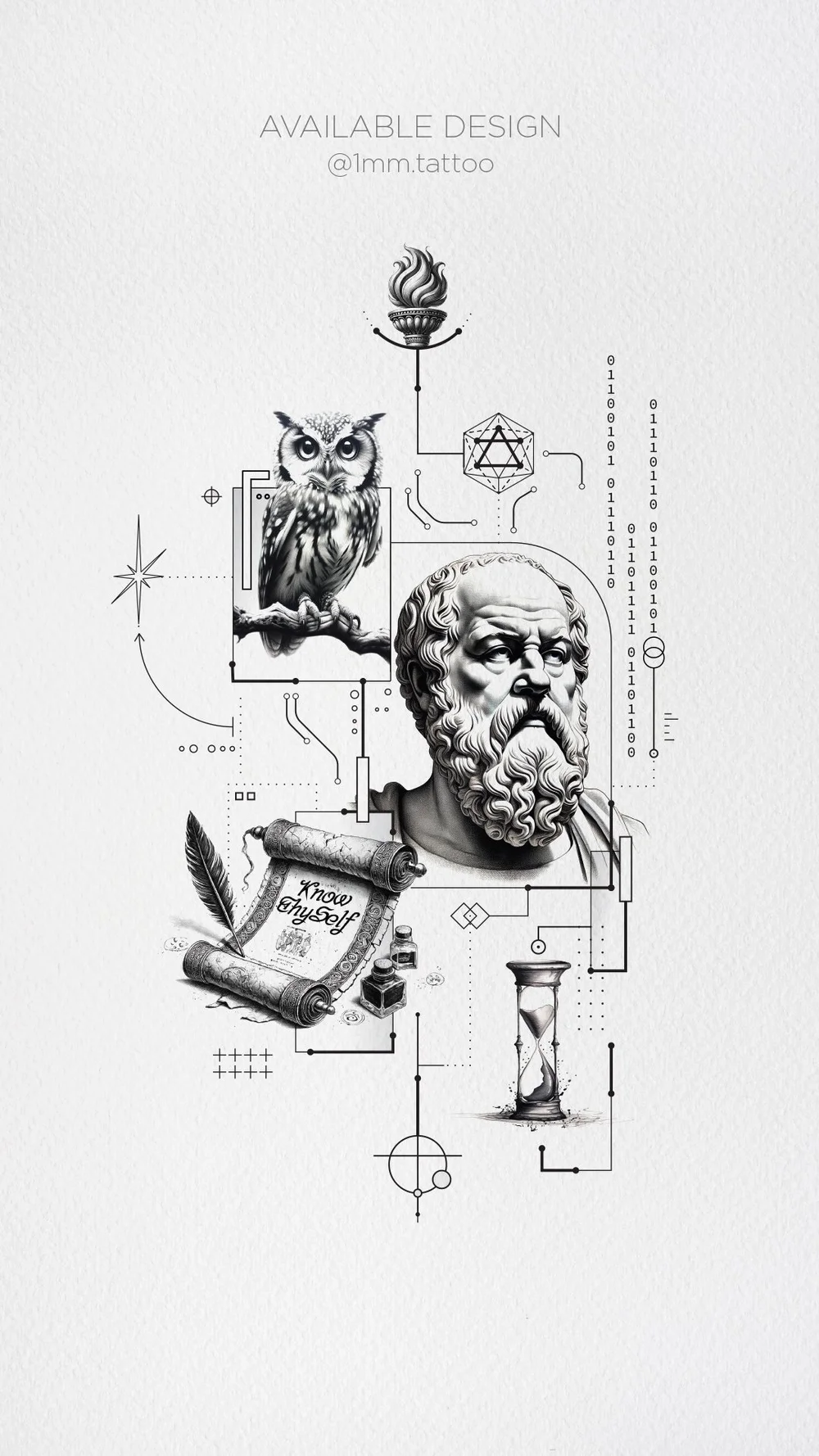 Socrates' Torch Tattoo - Fine Line Design with Symbols of Wisdom and ...