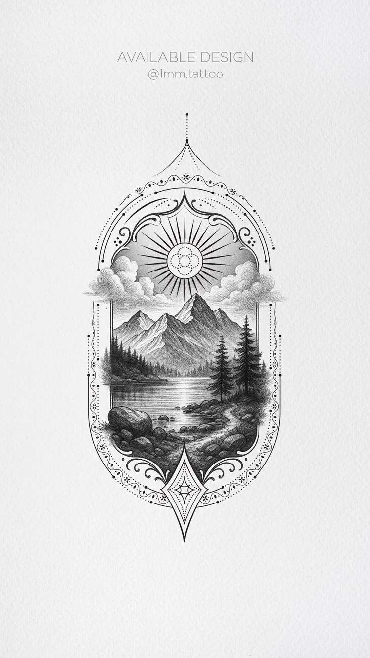 Mirror Lake – Mountain Landscape Tattoo Art by Fine-Line Tattoo Artist ...