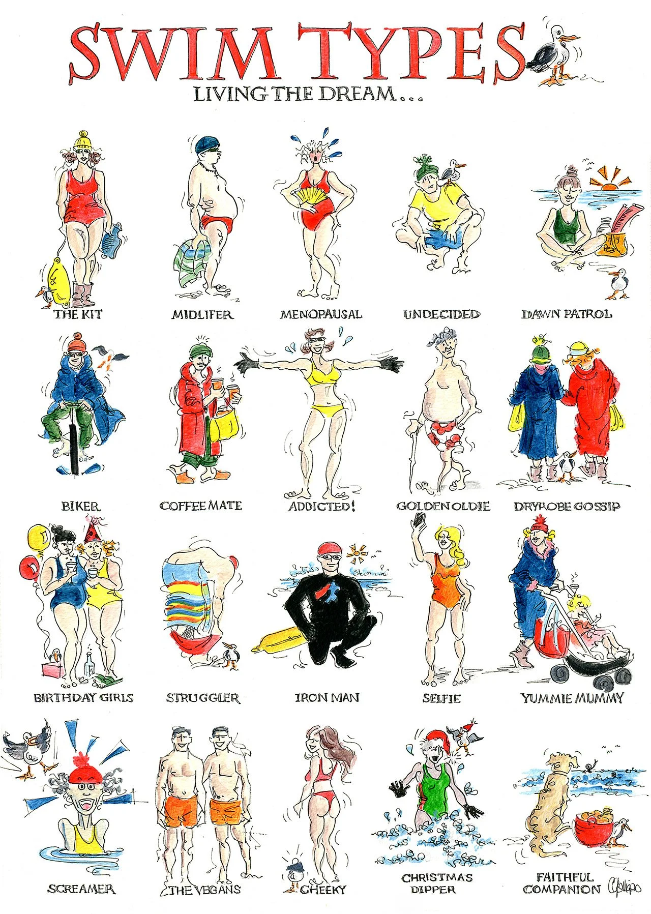 Living the Dream Swim Types Poster — Caroline Galligan Art