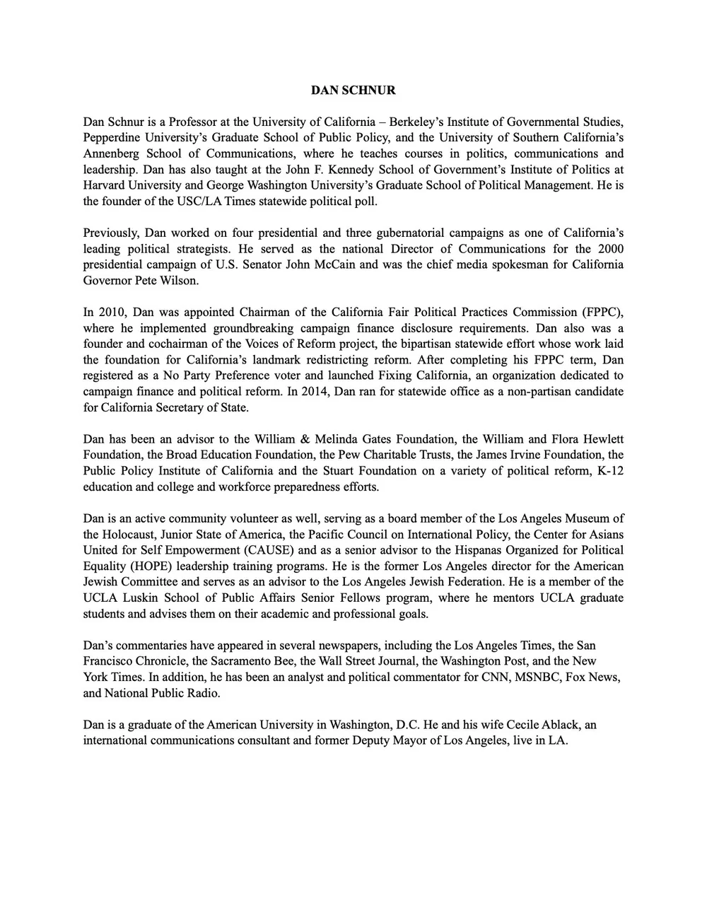 Dan Schnur Full Biography — Dan Schnur Politics