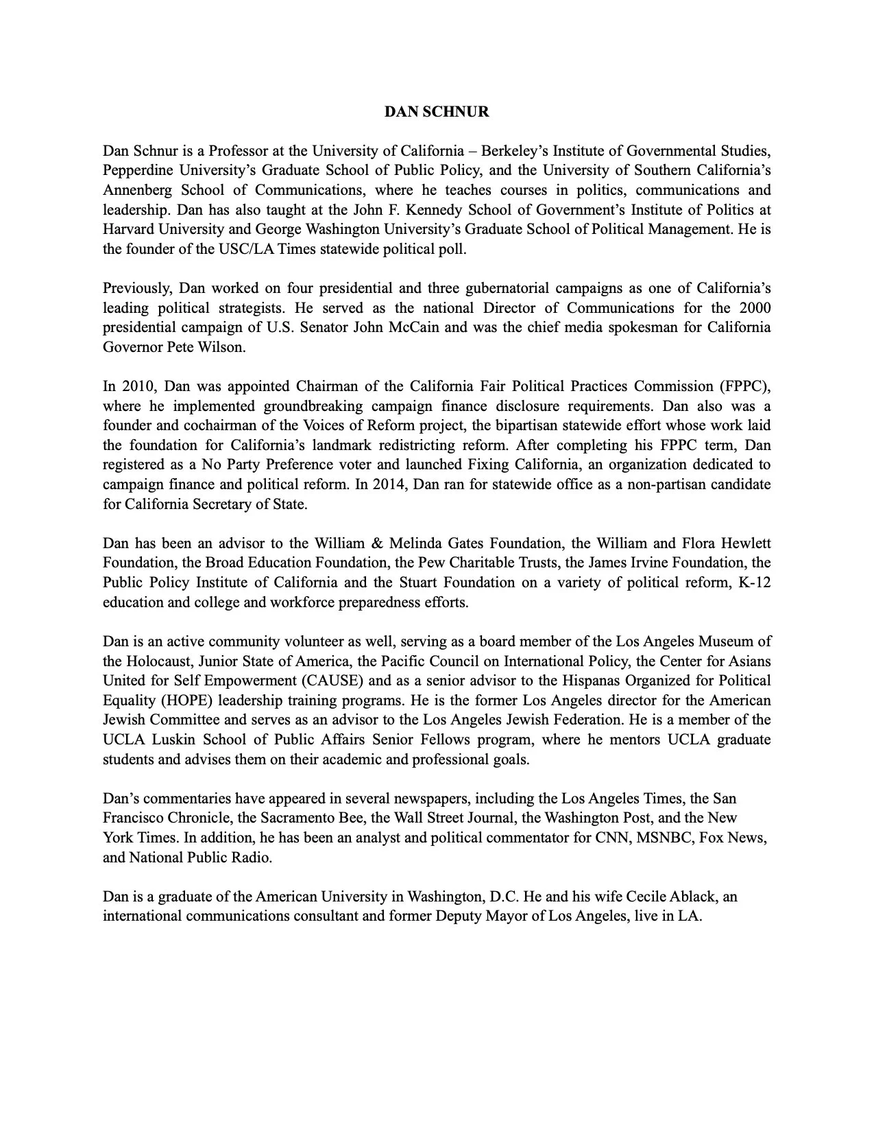 Dan Schnur Full Biography — Dan Schnur Politics