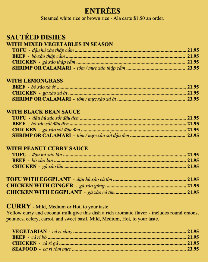 Menu — Hale Vietnam Restaurant