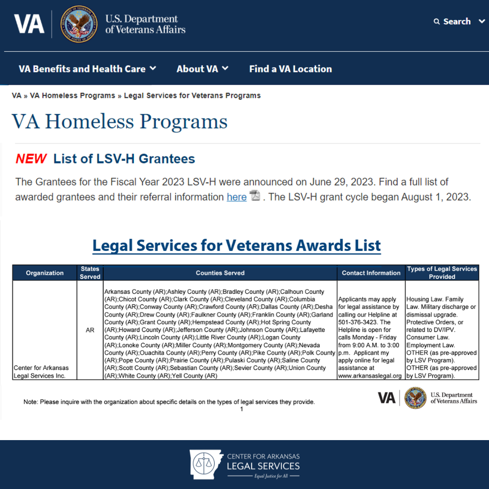 Center for Arkansas Legal Services Awarded First-Time Grant from VA to ...