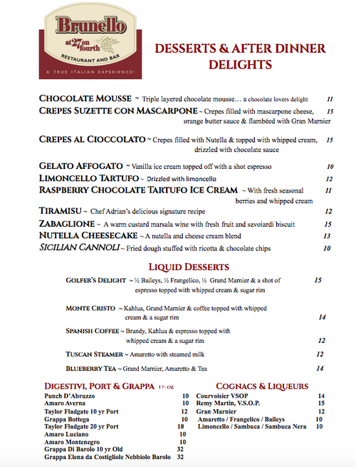 Dinner Menu — Brunello at 27 on Fourth